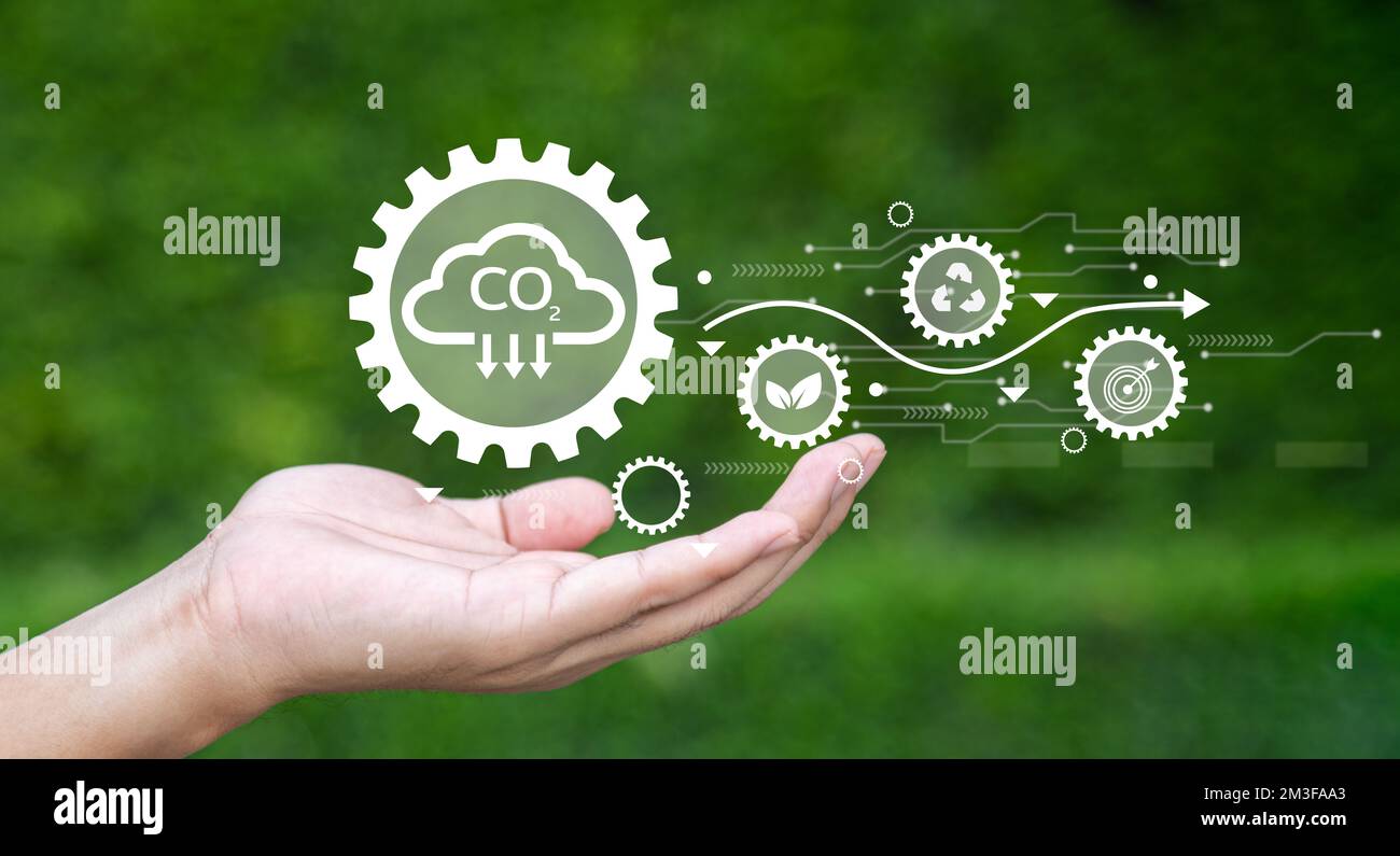 Hand holding icon gear co2 eco environment renewable management net ...