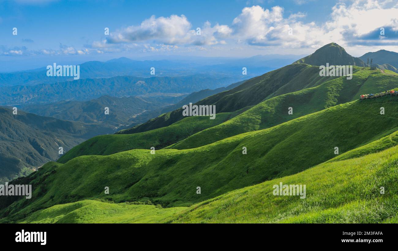 The mesmerizing Wugong mountain peaks covered with lush grass under the ...