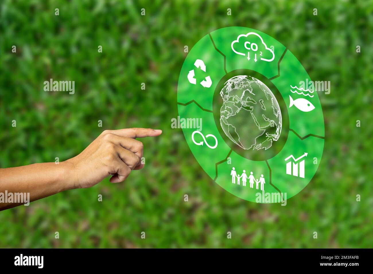 hand with global environmental icons CO2 emission reduction icons ...