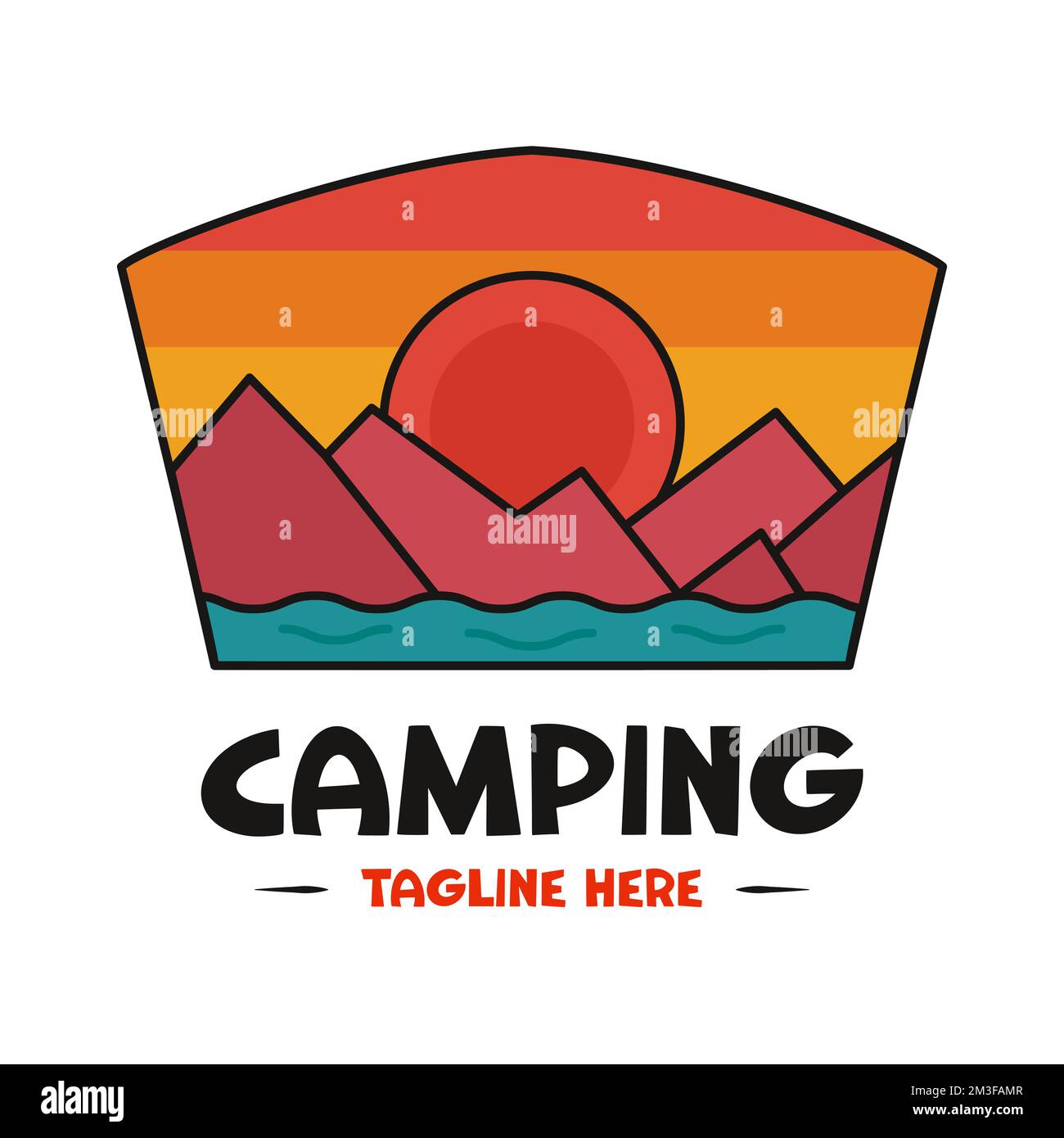 Camping badge design with mountains and sun. Travel logo graphics ...