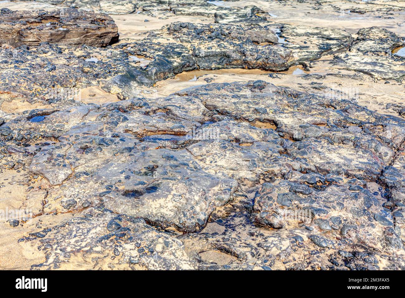 Sandy and rocky coast . Volcanic rocks on the ocean shore Stock Photo ...