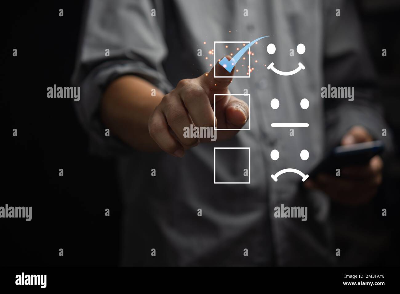 Businessmen choosing on the happy Smile face icon to give satisfaction ...