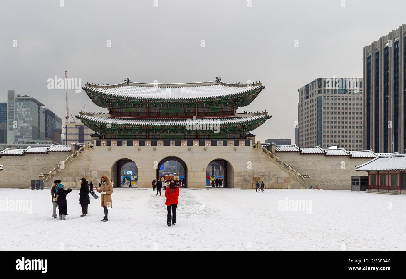 Seoul, South Korea, 15 December, 2022, Tourists in the snow walk ...