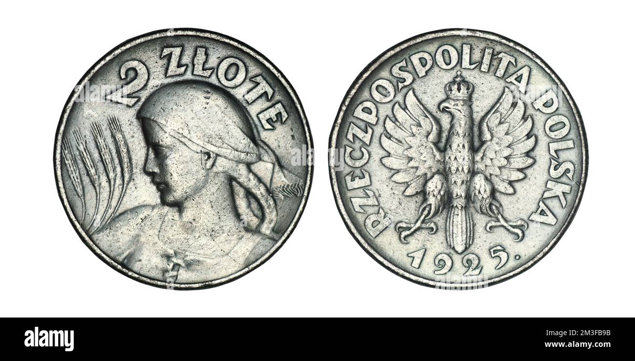 Polish 2 golden coin 1925 replica on a white background Stock Photo - Alamy