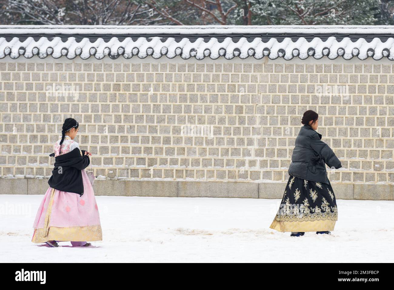 Tourists wearing Korean traditional "Hanbok" costume in the snow walk ...