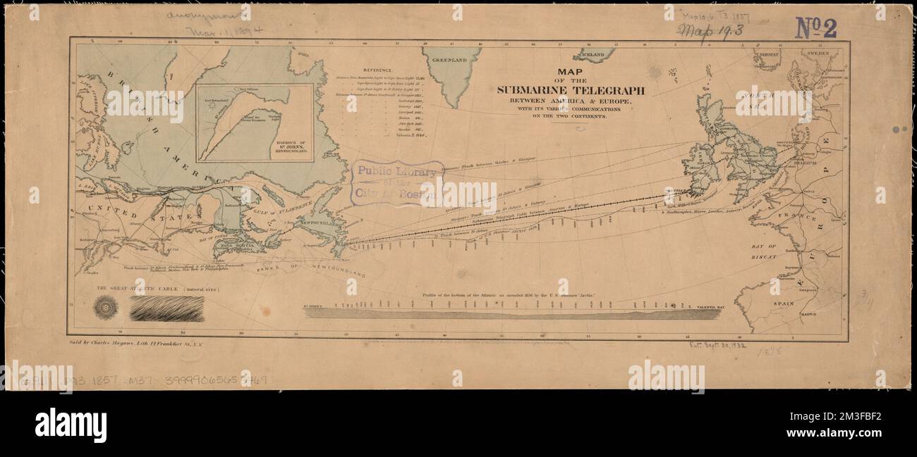 Map of the submarine telegraph between America & Europe, with its ...