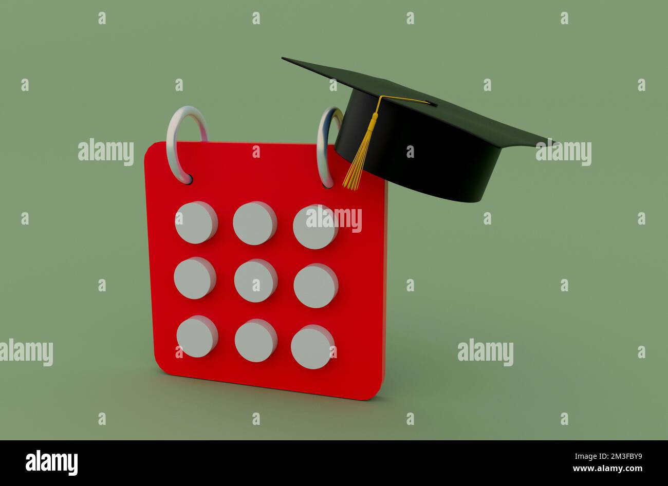 3d illustration calendar day concept Graduation cap hat with tassel ...