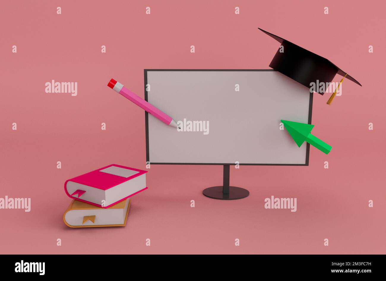 3d illustration rendering minimal computer monitor, online graduation ...