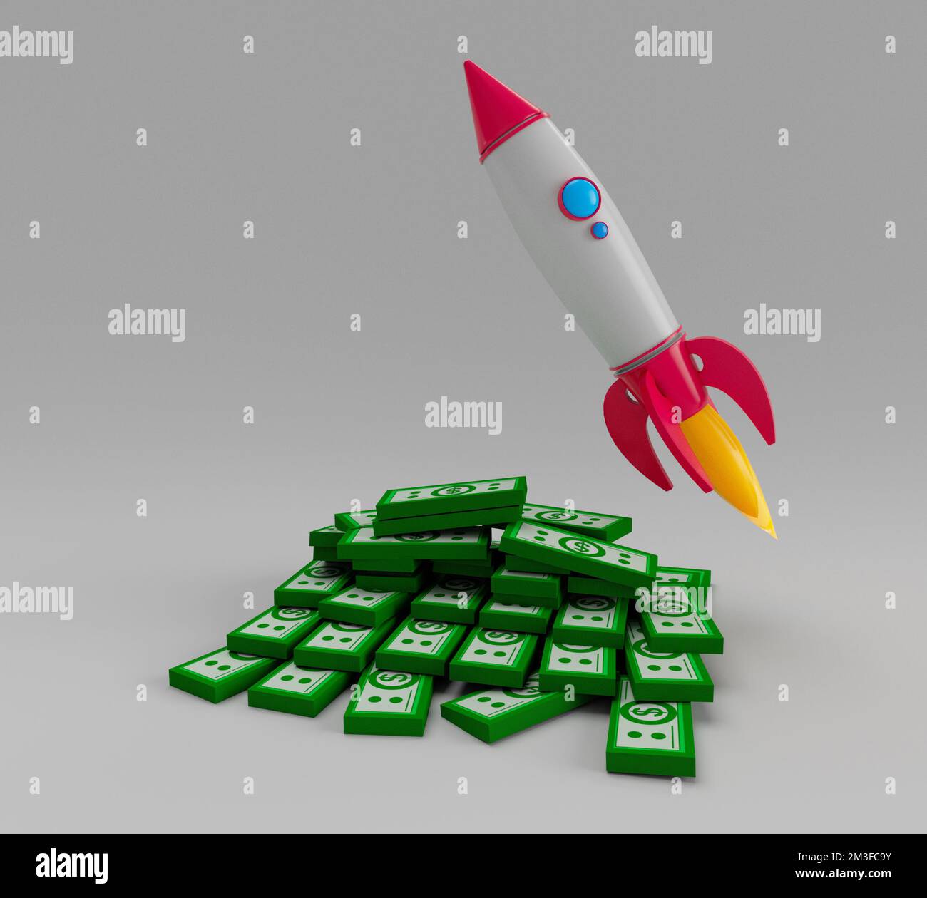 3d illustration rendering minimal spaceship rocket fly with dollar ...