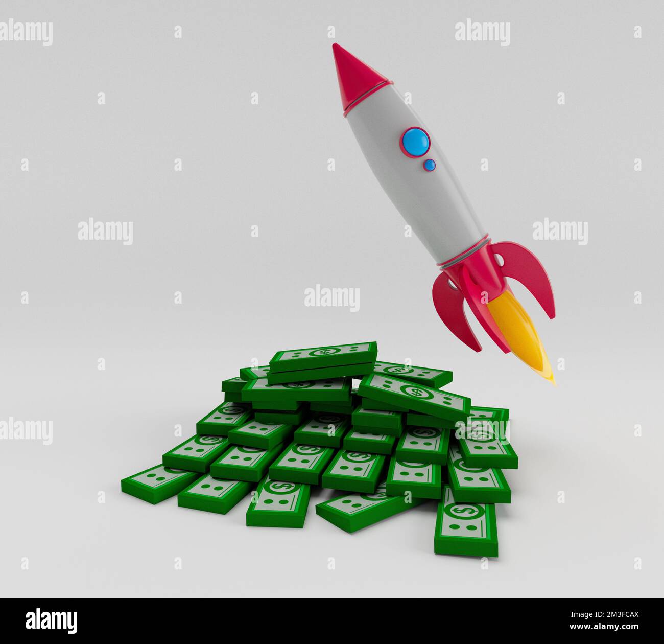 3d illustration rendering minimal spaceship rocket fly with dollar ...