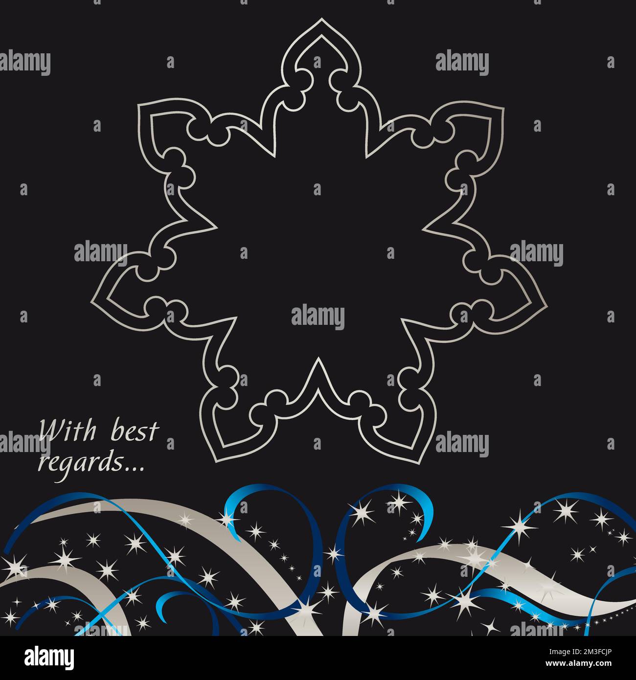 a holiday card with ribbons and snowflakes, with a place for a logo and ...