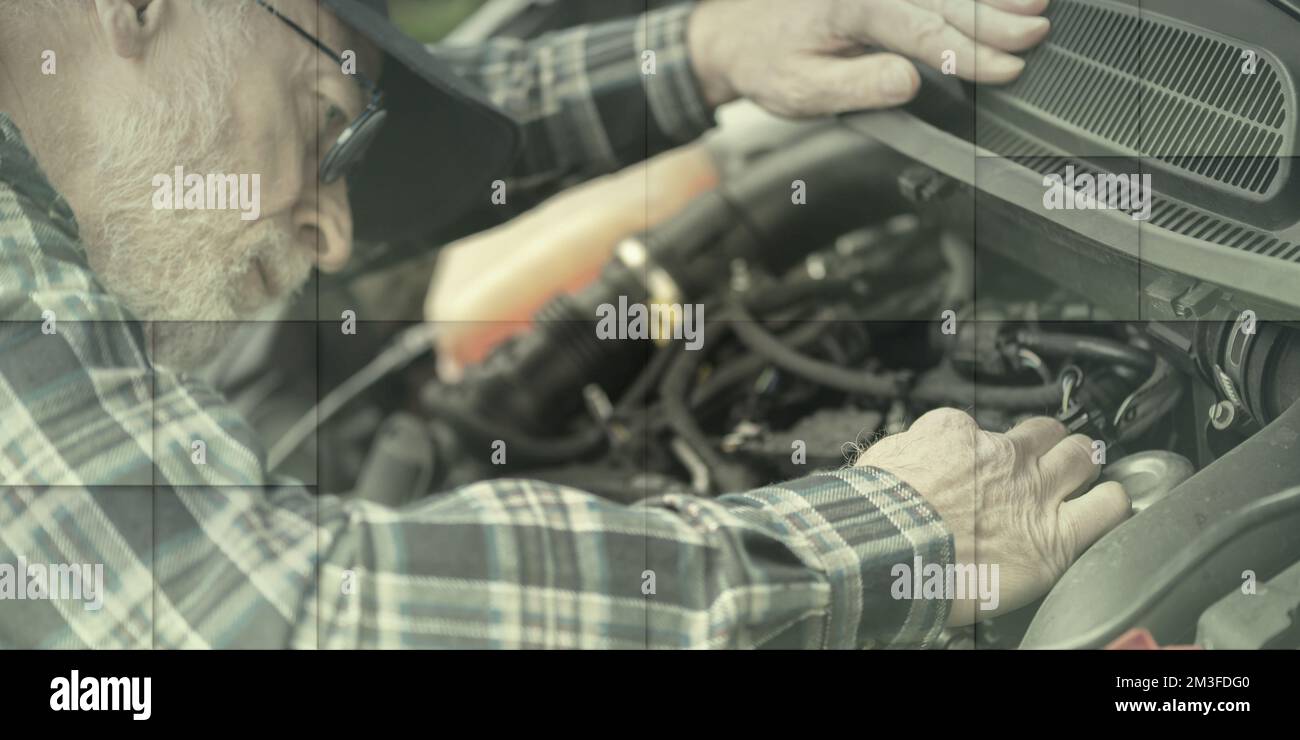 Car mechanic checking a car engine, geometric pattern Stock Photo - Alamy