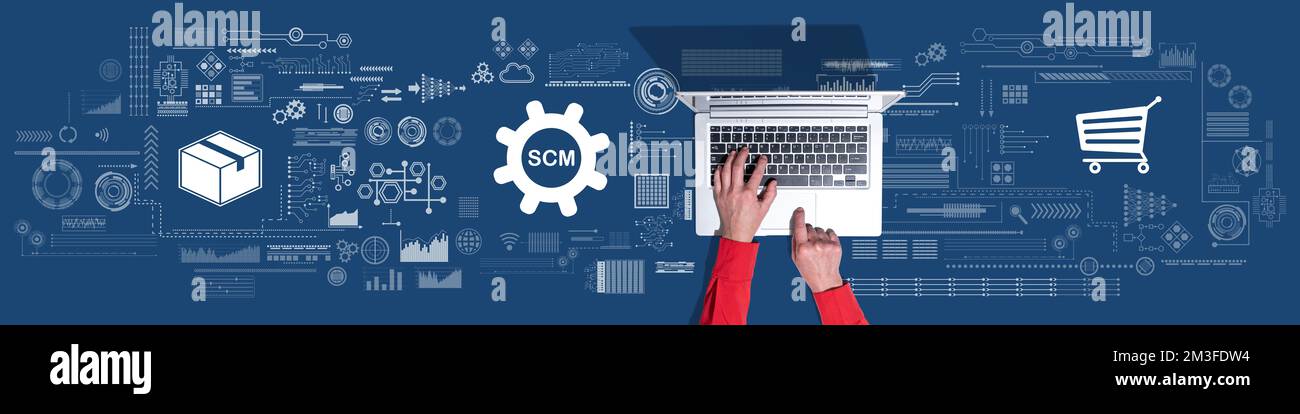 Top view of hands using laptop with symbol of scm concept Stock Photo ...