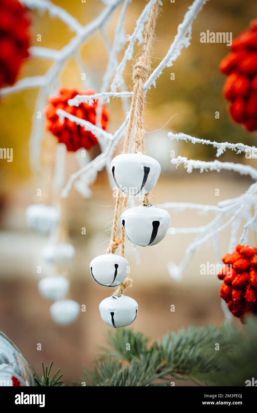 White bells and red baubles christmas street decoration in Alsace ...