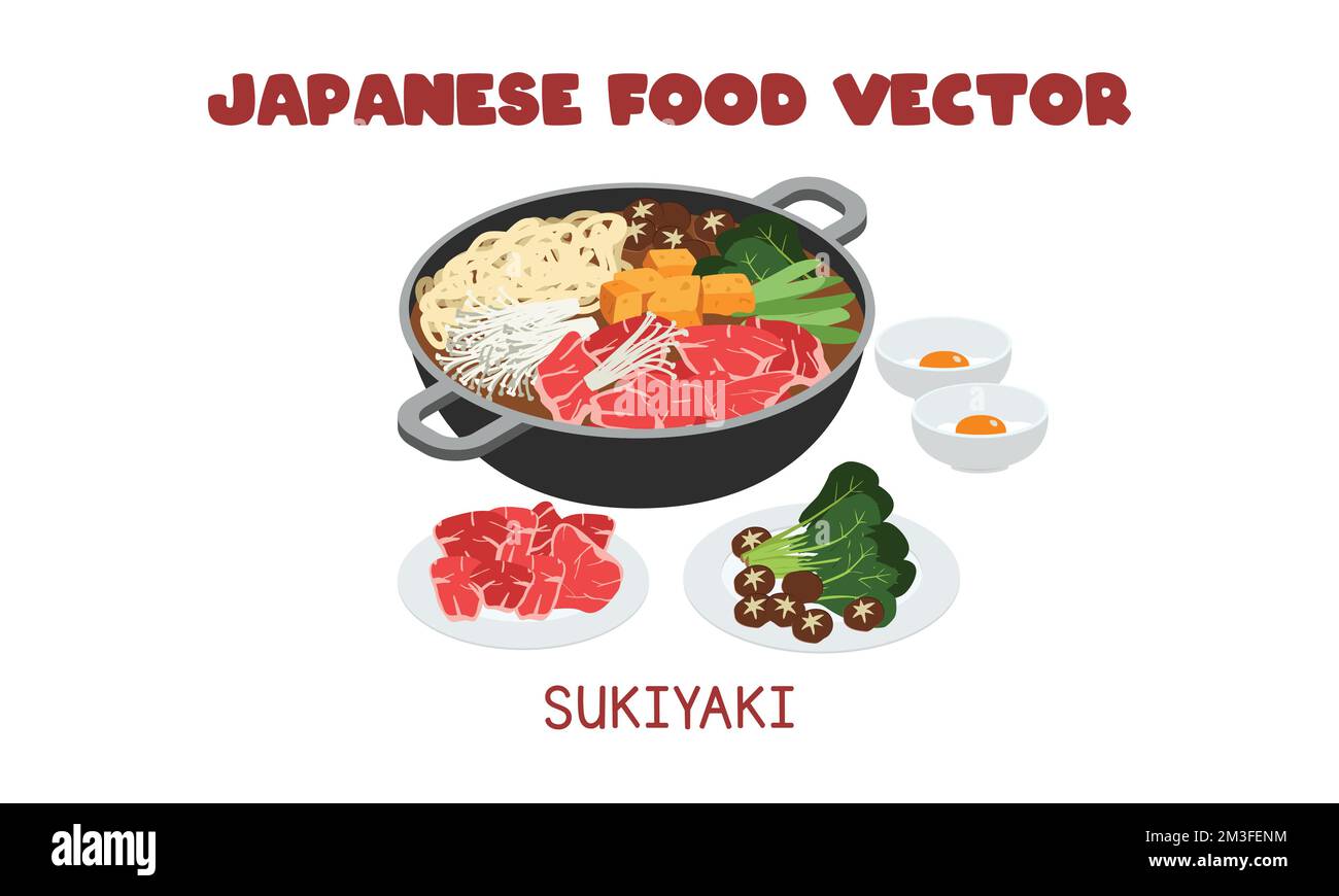 Japanese Sukiyaki with beef, mushroom, raw eggs flat vector design ...