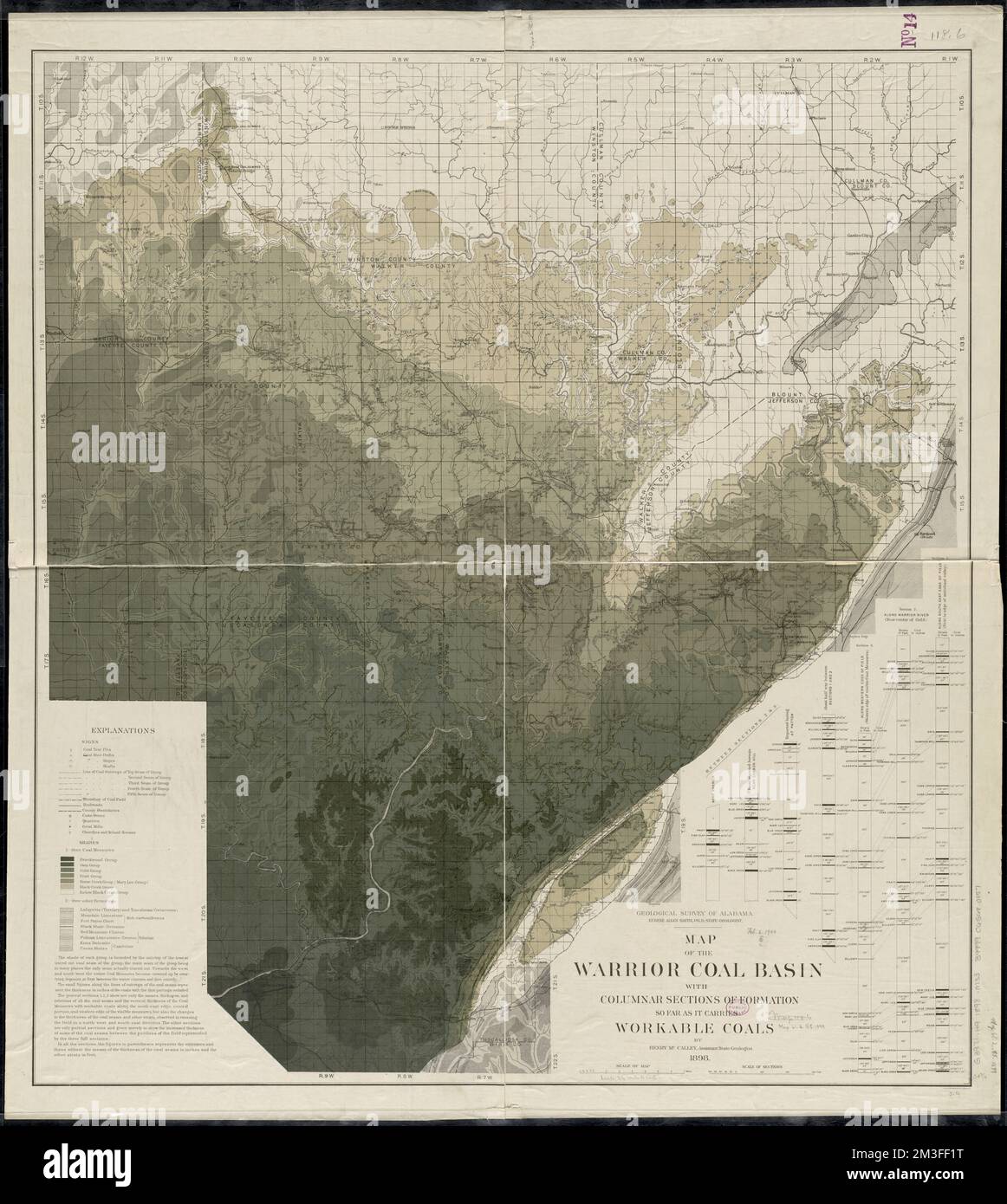 Map of the Warrior coal basin with columnar sections of formation, so ...