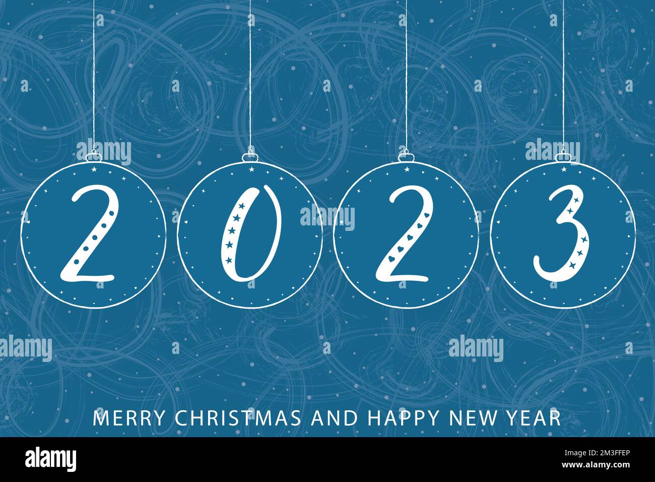 New Year greeting card 2023. Handwritten numbers in Christmas balls ...