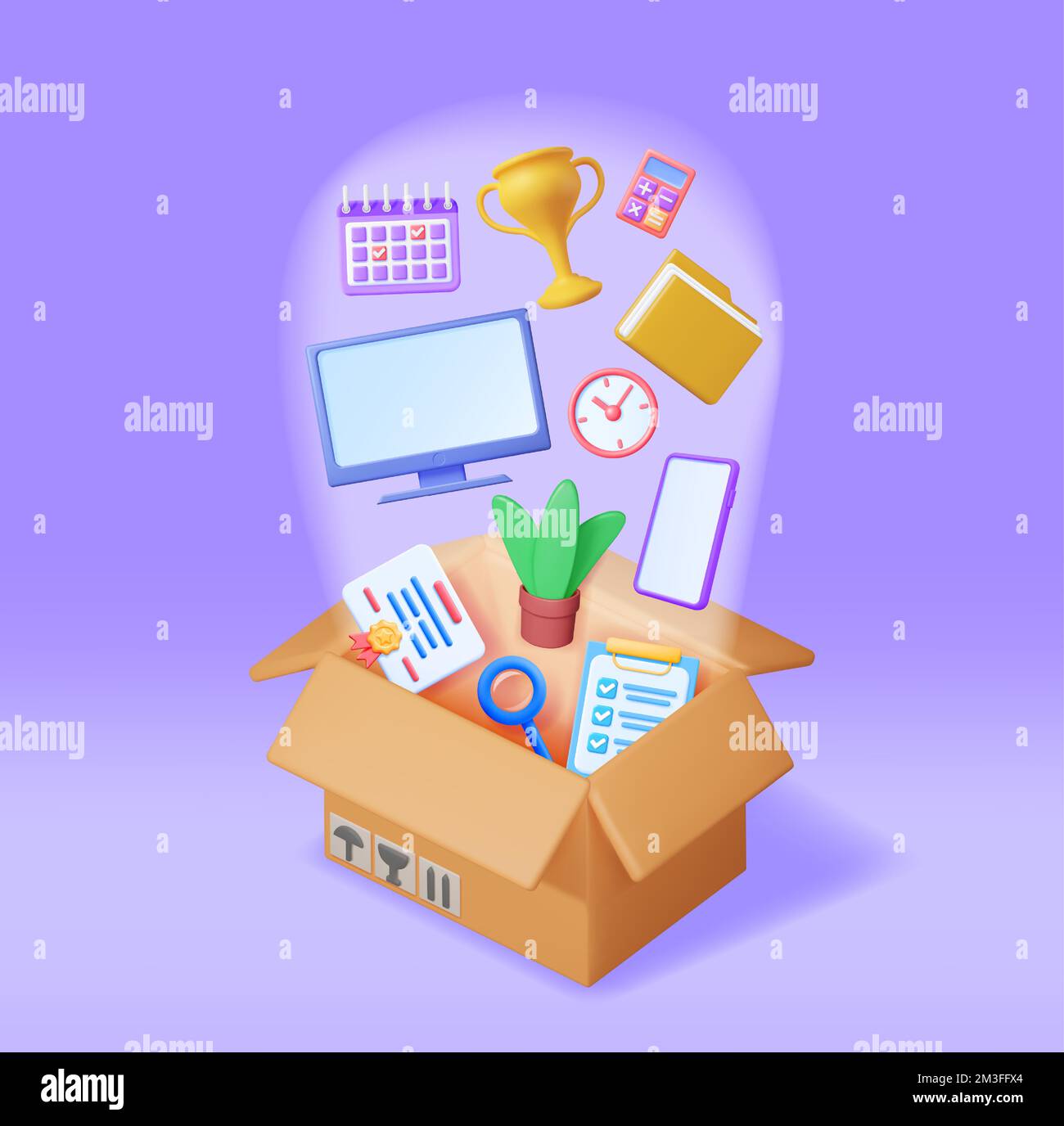 3D Cardboard Box Full of Office Stuff. Render Concept of Moving to New ...