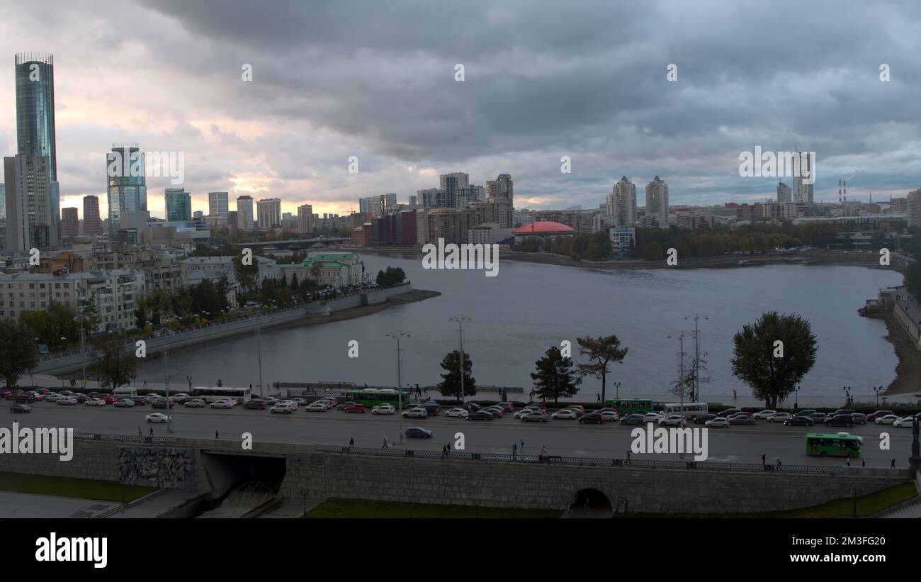 Dark city center shot from a helicopter . Stock footage .A gray city ...