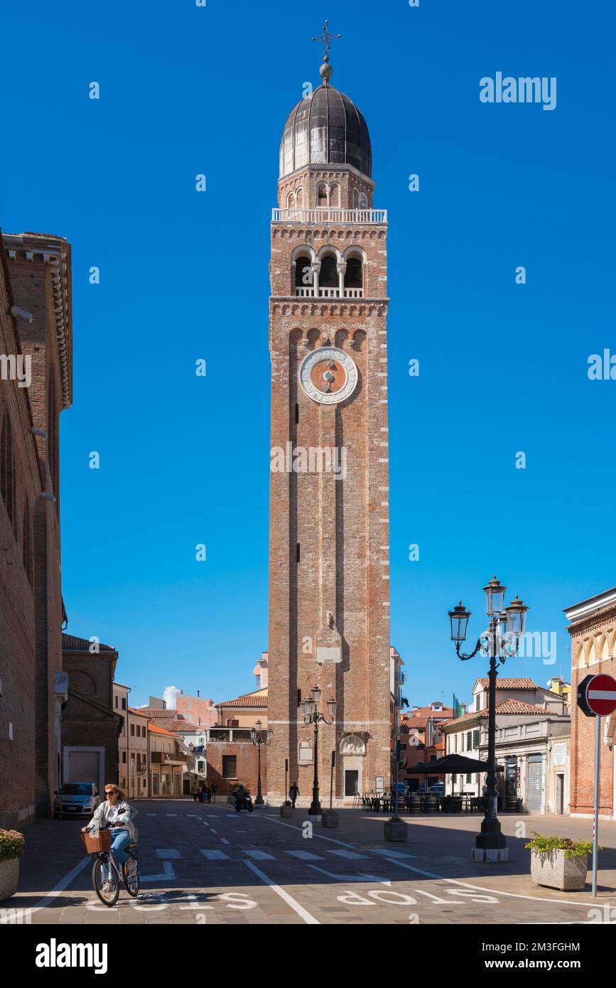 Chioggia cathedral, view in summer of the campanile tower of the Duomo ...