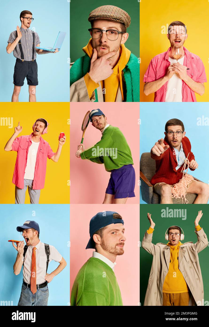 Collage. Portraits of young man in different clothes posing over ...