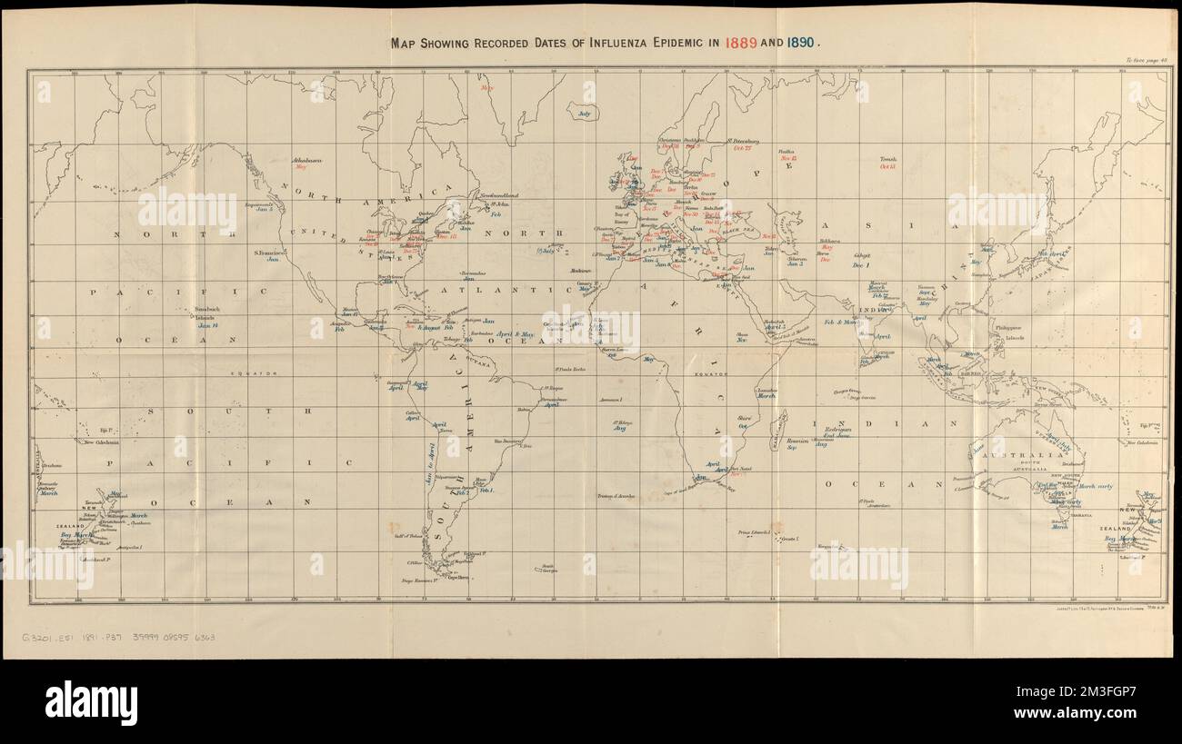 Map showing recorded dates of influenza epidemic in 1889 and 1890 ...