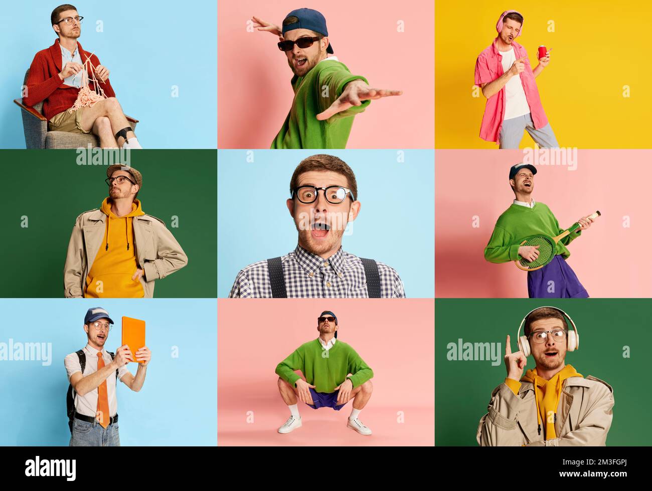 Collage. Portraits of young man in different clothes posing over ...