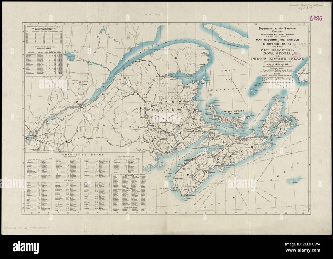 Map showing the number of chartered banks in New Brunswick, Nova Scotia ...