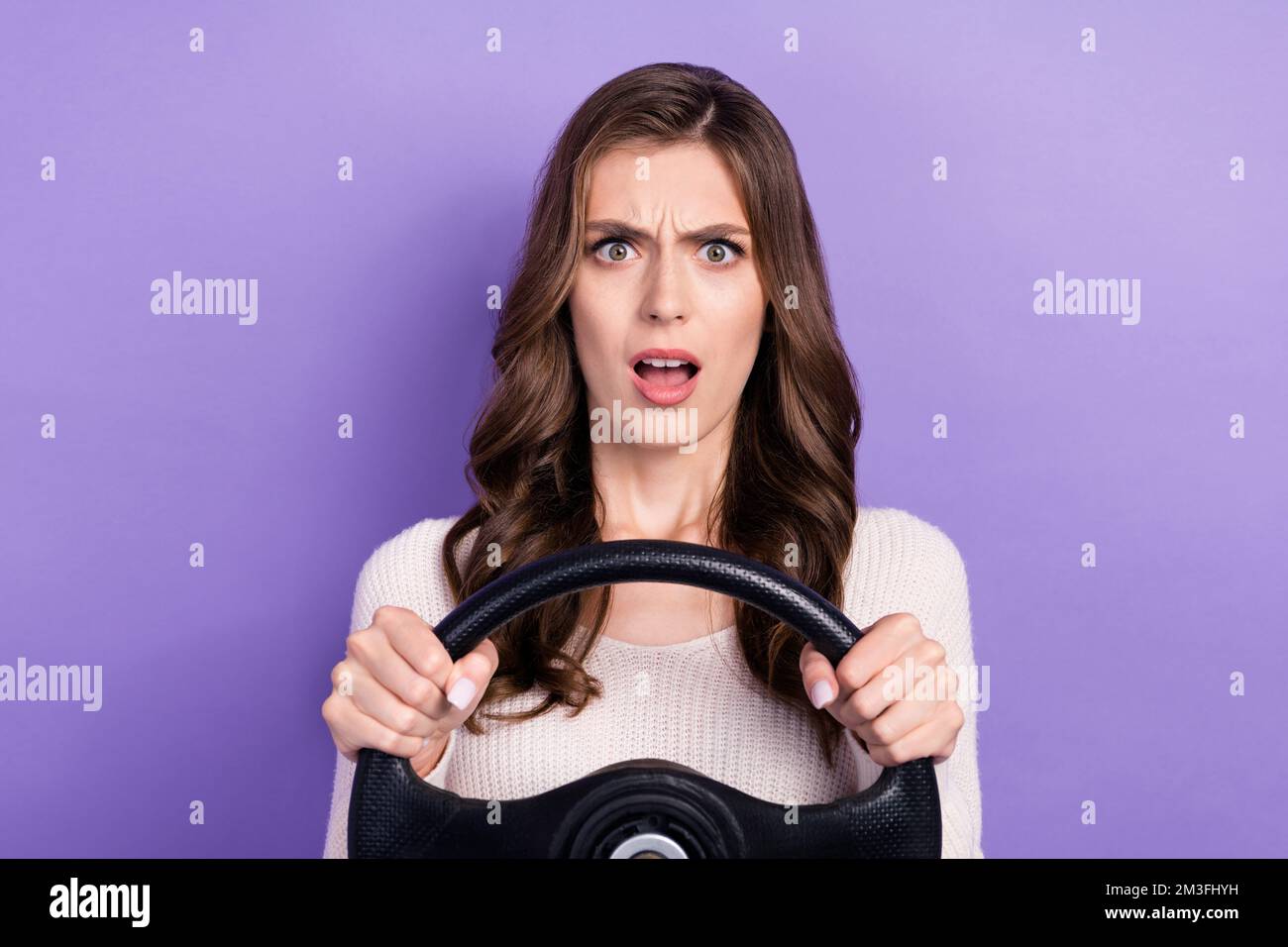 Photo of stressed depressed lady driver impressed bad road situation ...