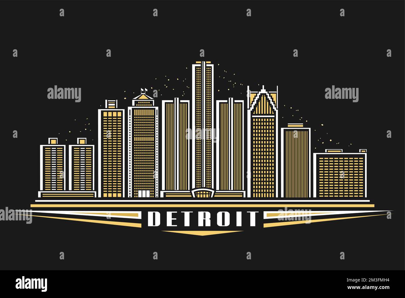 Vector illustration of Detroit, dark horizontal poster with linear ...