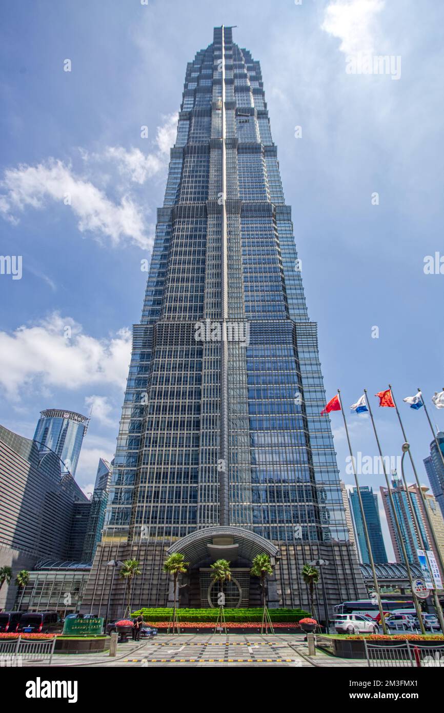 Jin Mao Tower, Shanghai, China photographed from below with a wide lens ...