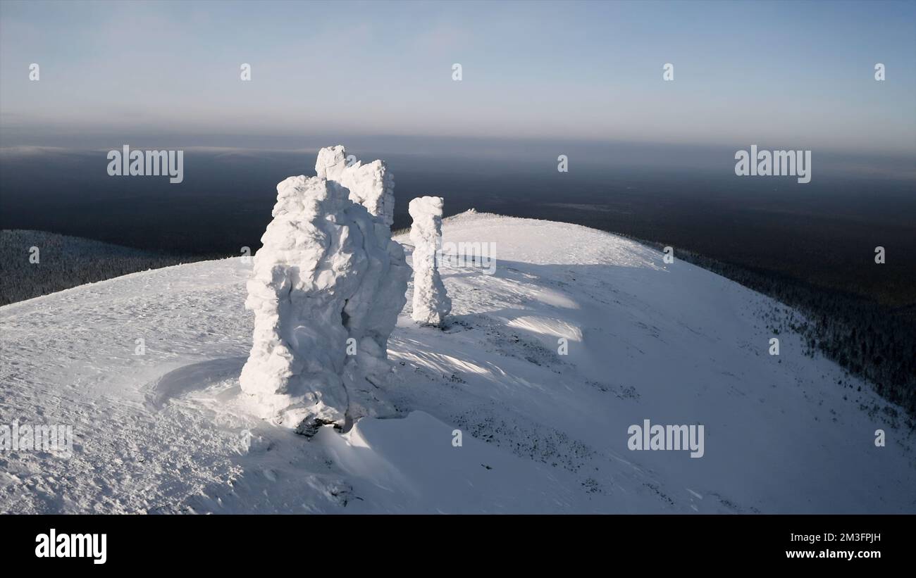 Aerial winter view of giants of the Manpupuner Plateau, Komi Republic ...