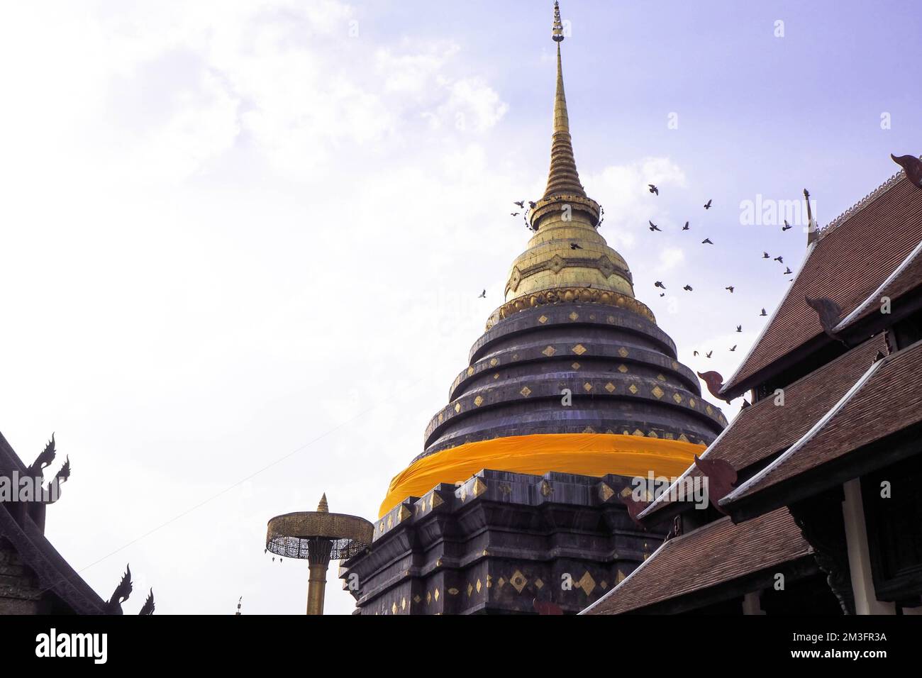 A large pagoda and birds flying Stock Photo - Alamy