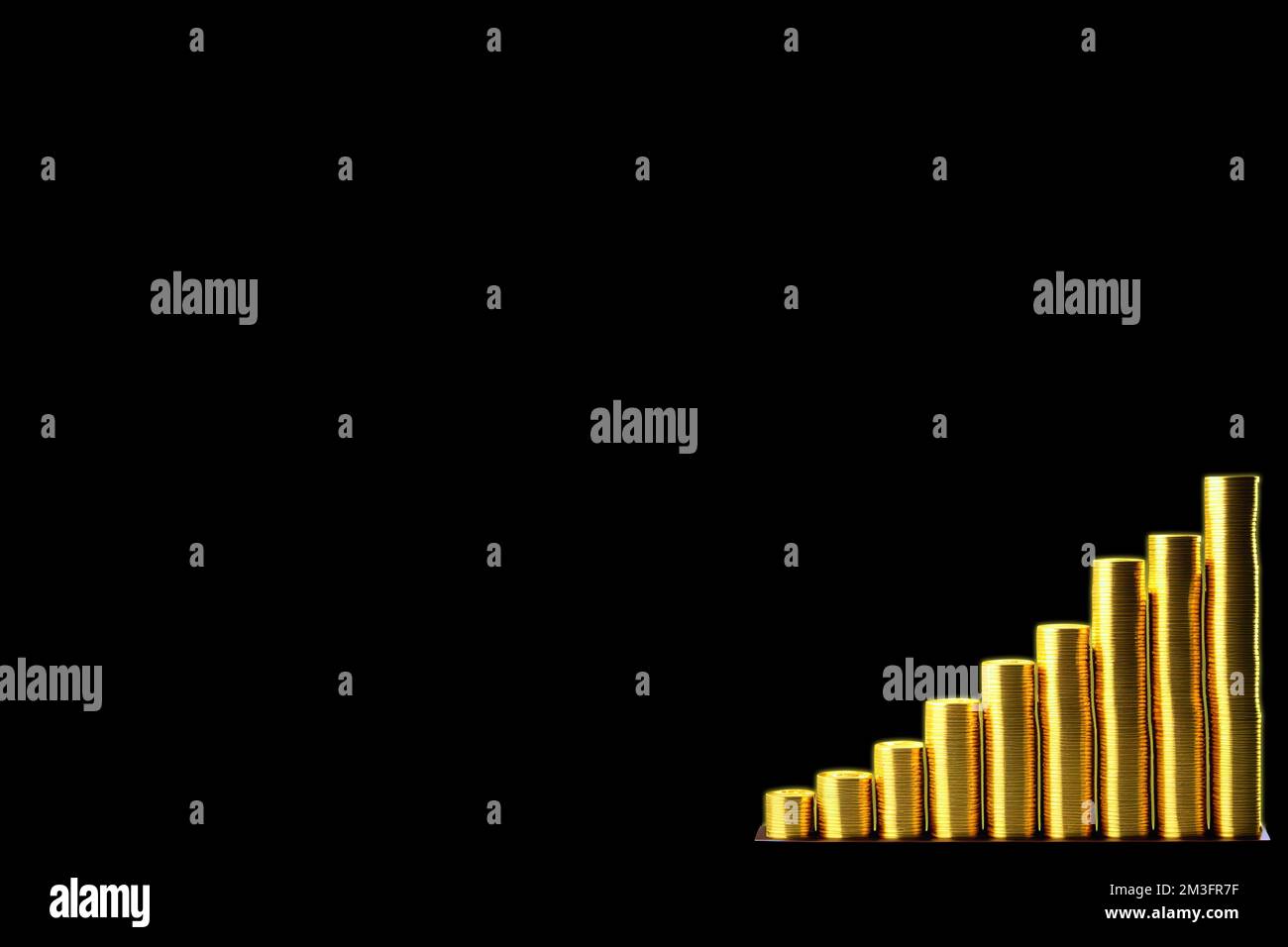 The golden coins stacked in ascending scale isolated on a black ...