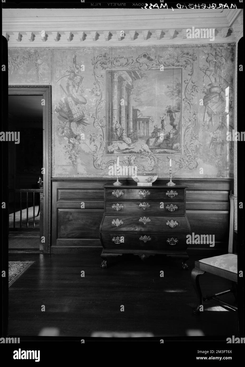 Marblehead, Lee Mansion, upper hall: paper, vertical panel and bombe ...