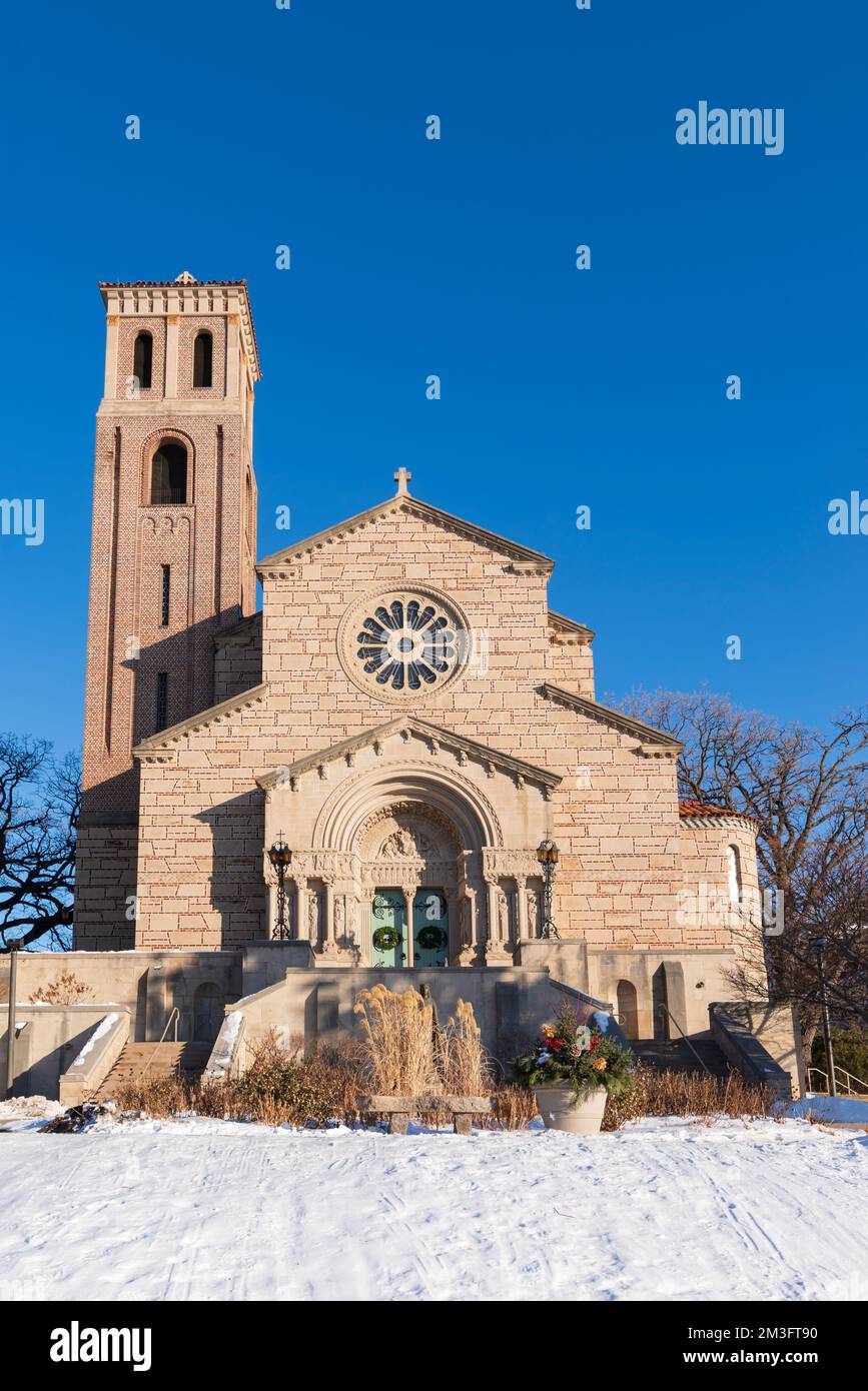 historic university chapel front and tower of romanesque architecture ...