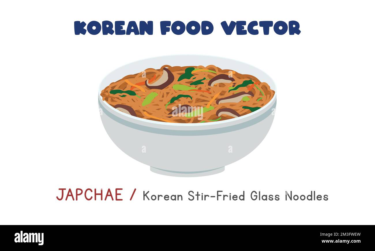 Korean Japchae - Korean stir-fried glass noodles flat vector design ...
