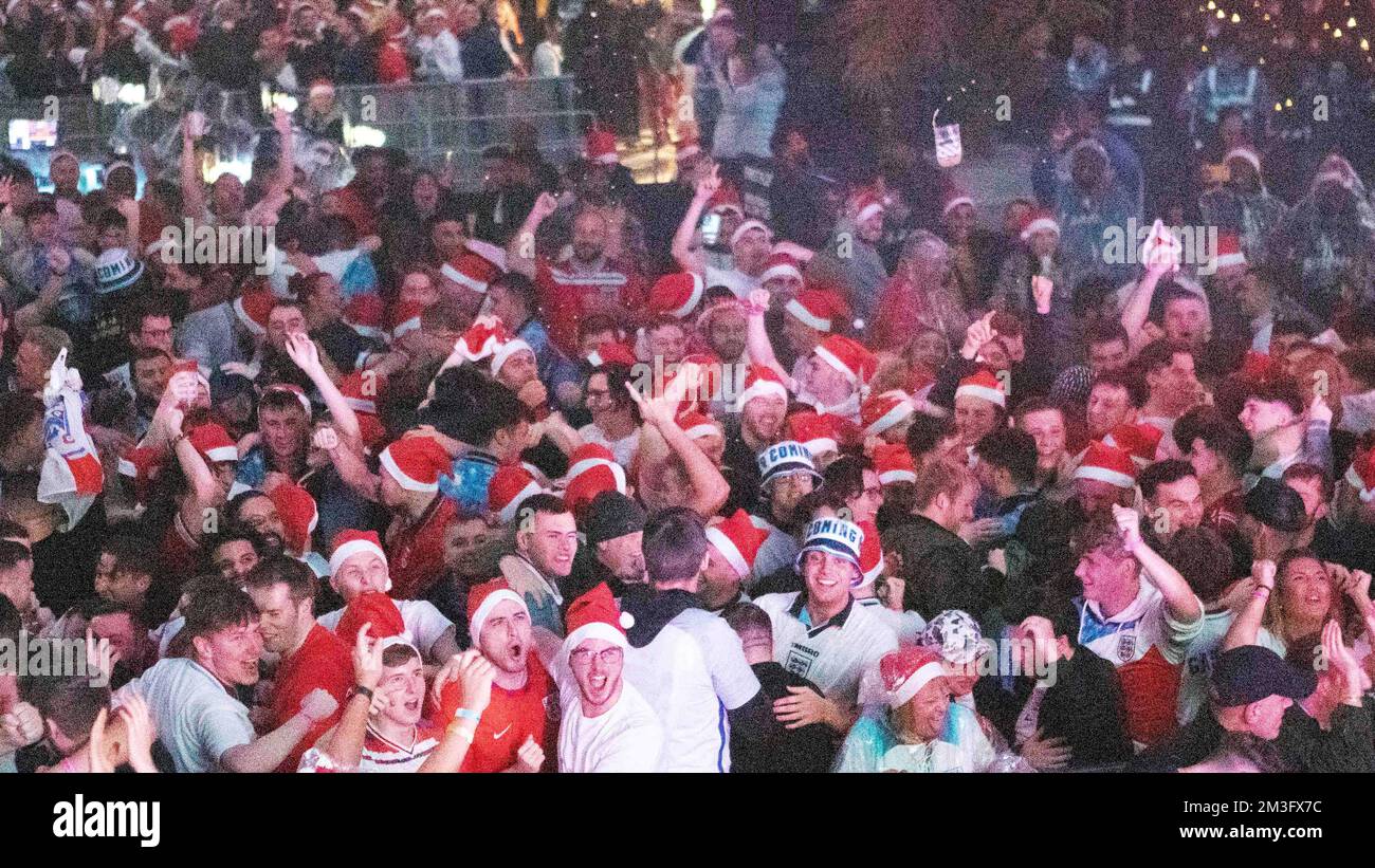 England fans throw beer in the air at Boxpark, Wembley, London, as ...