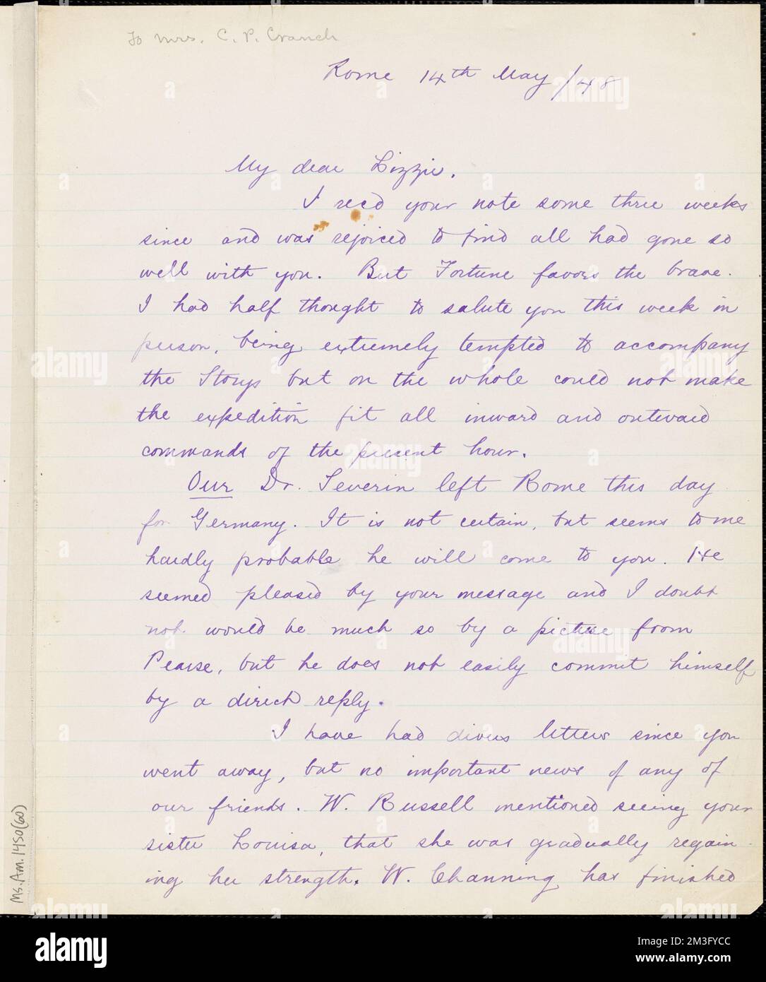 Margaret Fuller manuscript letter (copy) to Mrs. Christopher Pearse ...