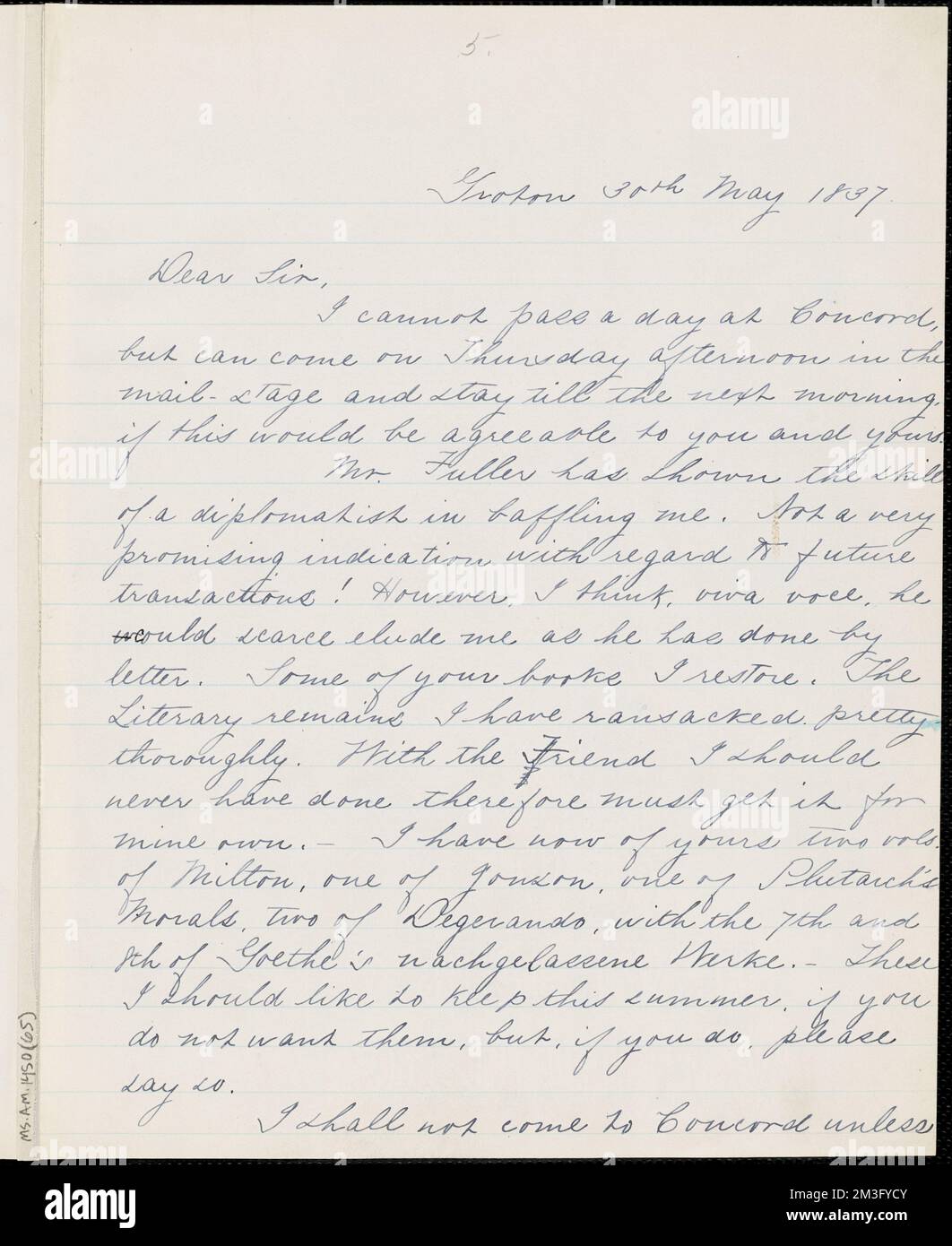 Margaret Fuller manuscript letter (copy) to Ralph Waldo Emerson, Groton ...