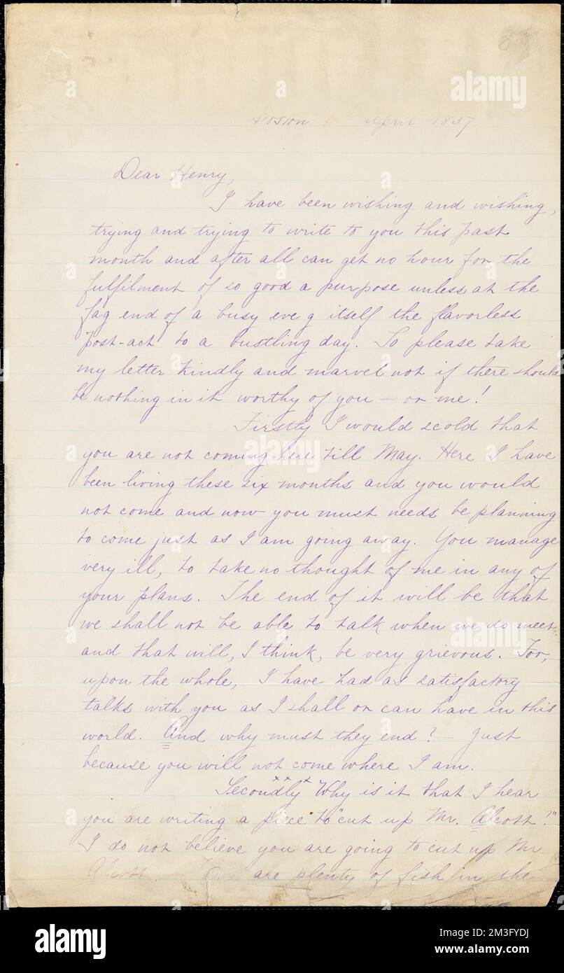 Margaret Fuller manuscript letter (incomplete copy) to Henry Hedge ...