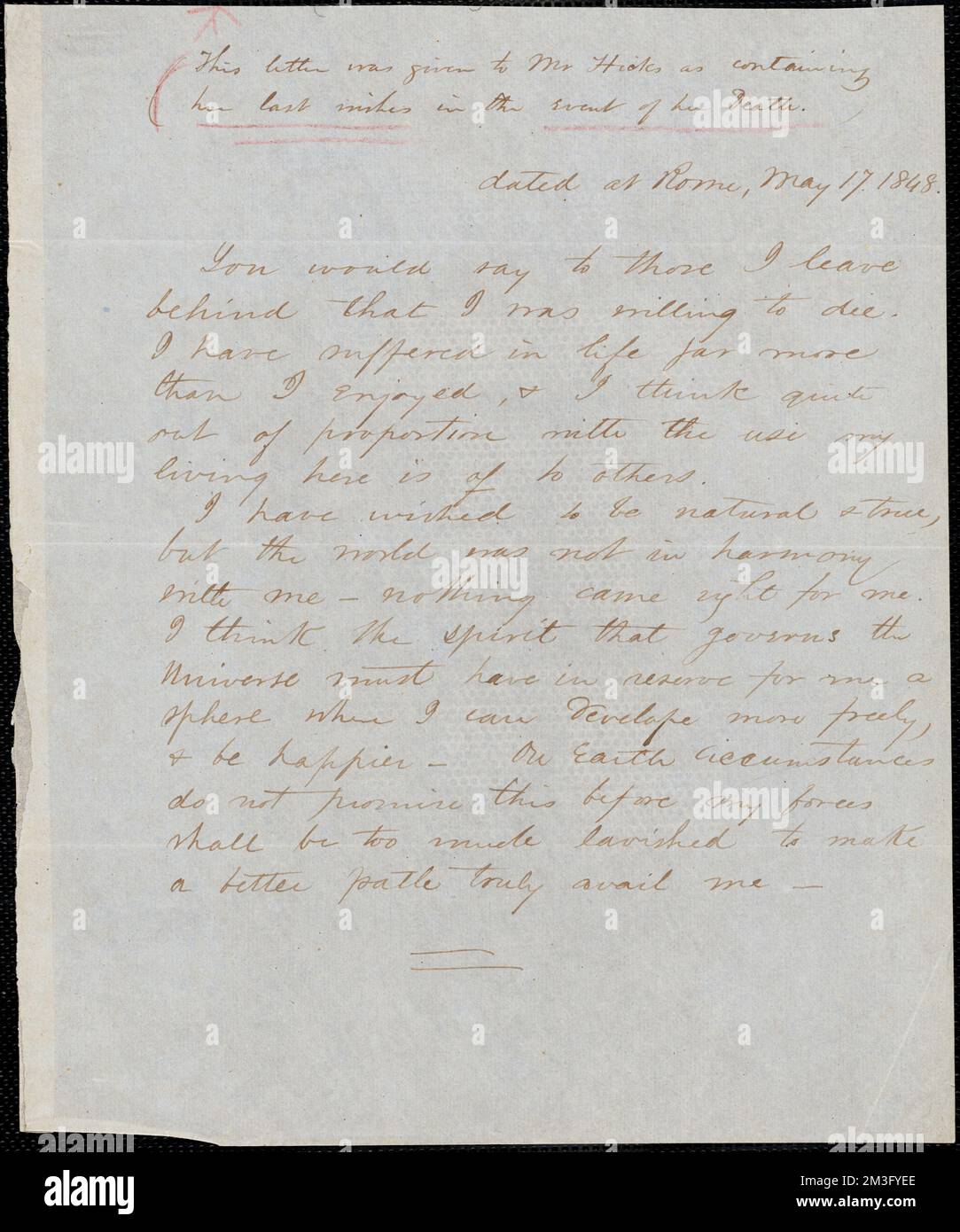 Margaret Fuller manuscript letter (copy) to Thomas Hicks, Rome, 17 May ...
