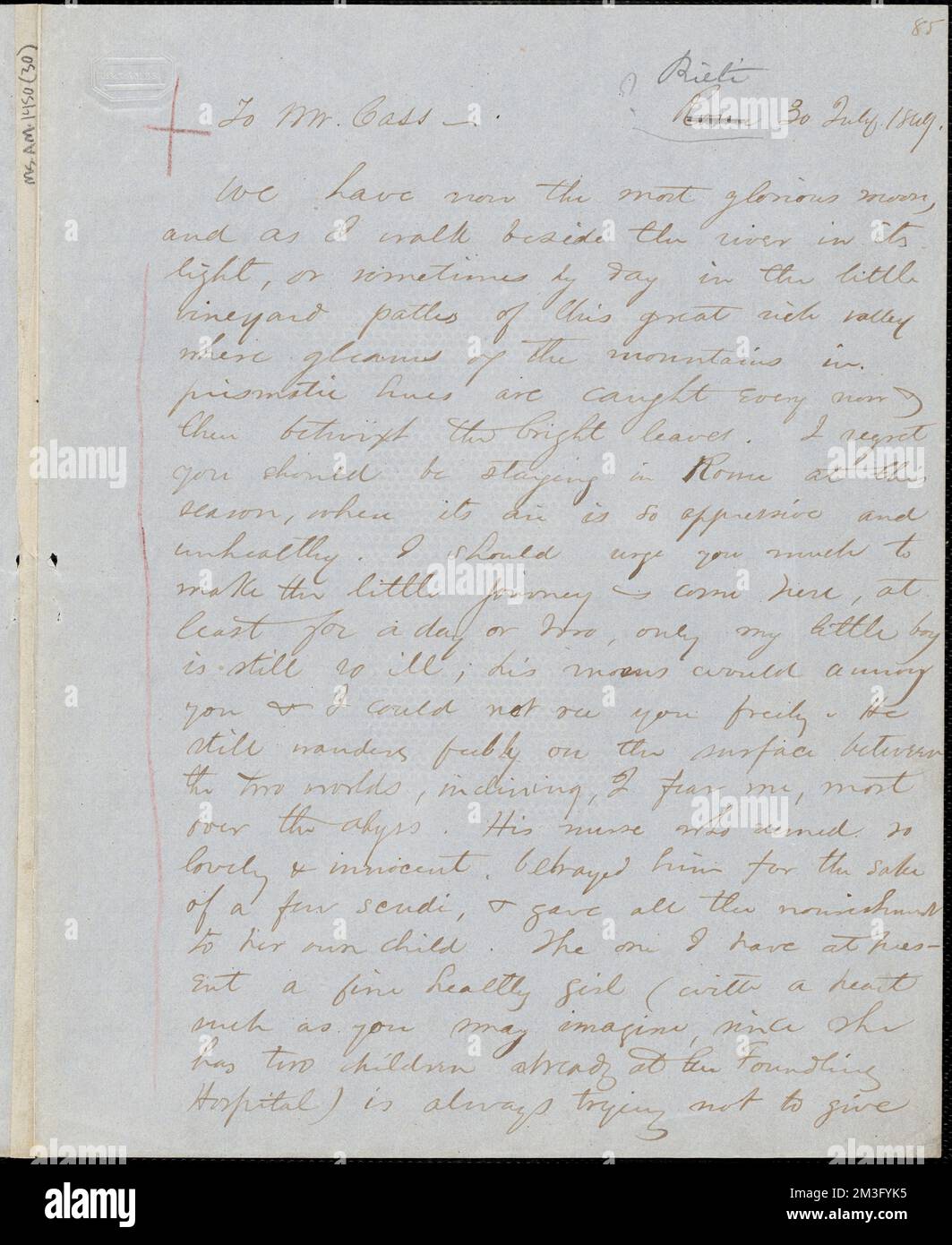 Margaret Fuller manuscript letter to Lewis Cass, Reiti, Italy, 30 July ...