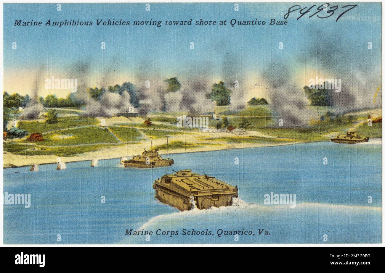 Marine amphibious vehicles moving toward shore at Quantico Base, Marine ...