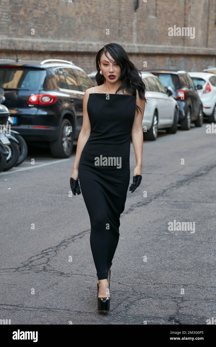 MILAN, ITALY - SEPTEMBER 23, 2022: Jessica Wang with black dress and ...