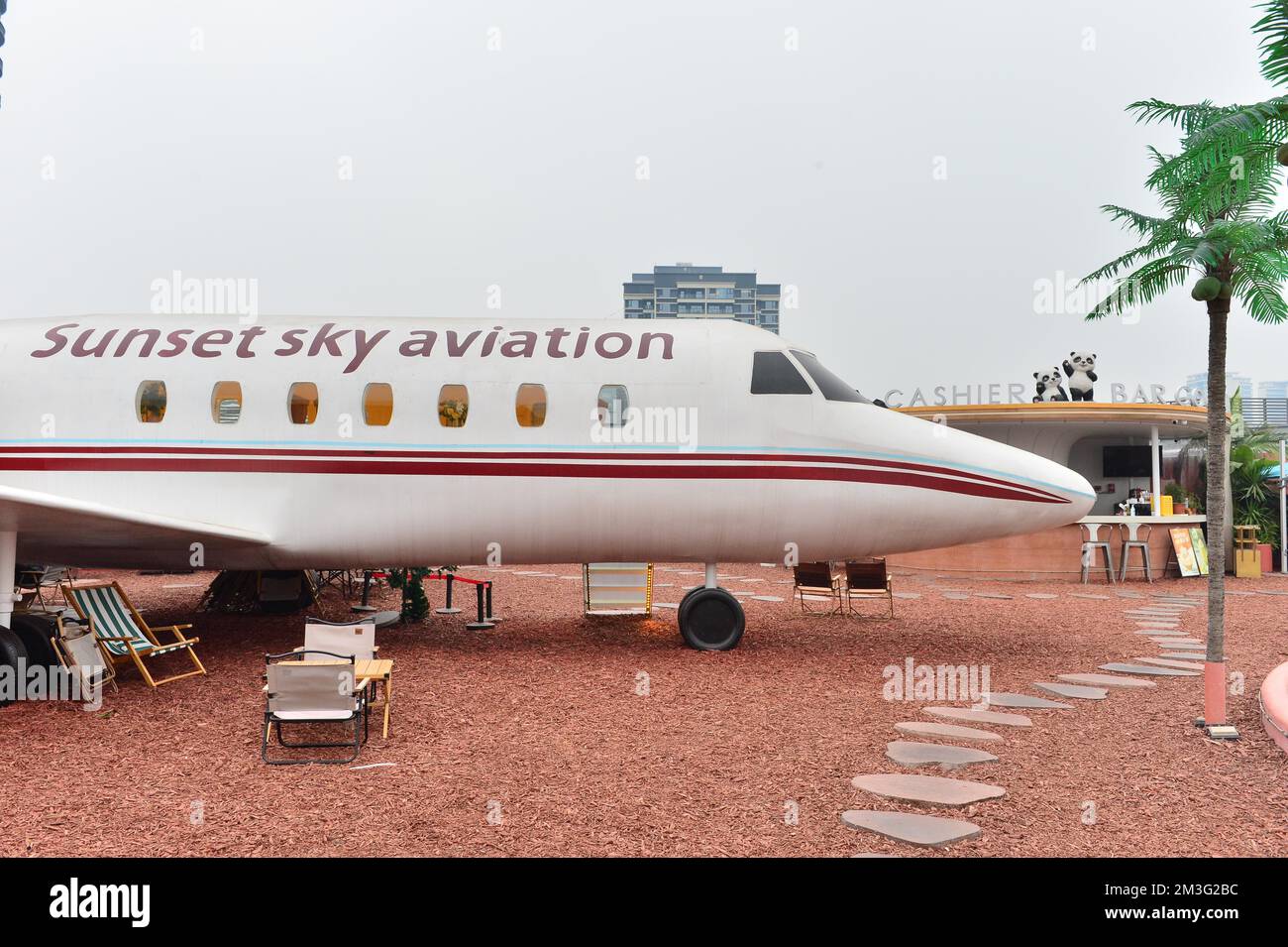 An airplane restaurant on the roof of a shopping mall in Xindu District ...