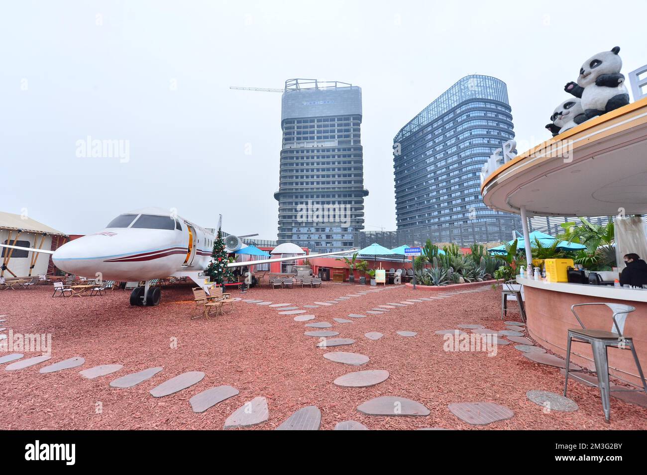 An airplane restaurant on the roof of a shopping mall in Xindu District ...