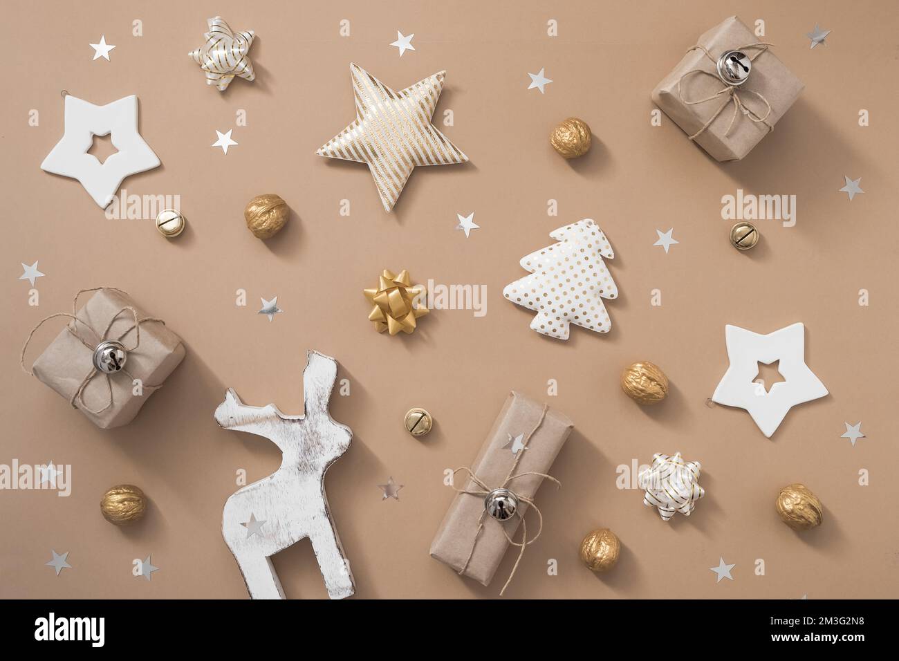 Christmas background. Christmas gifts, white and golden decorations on ...