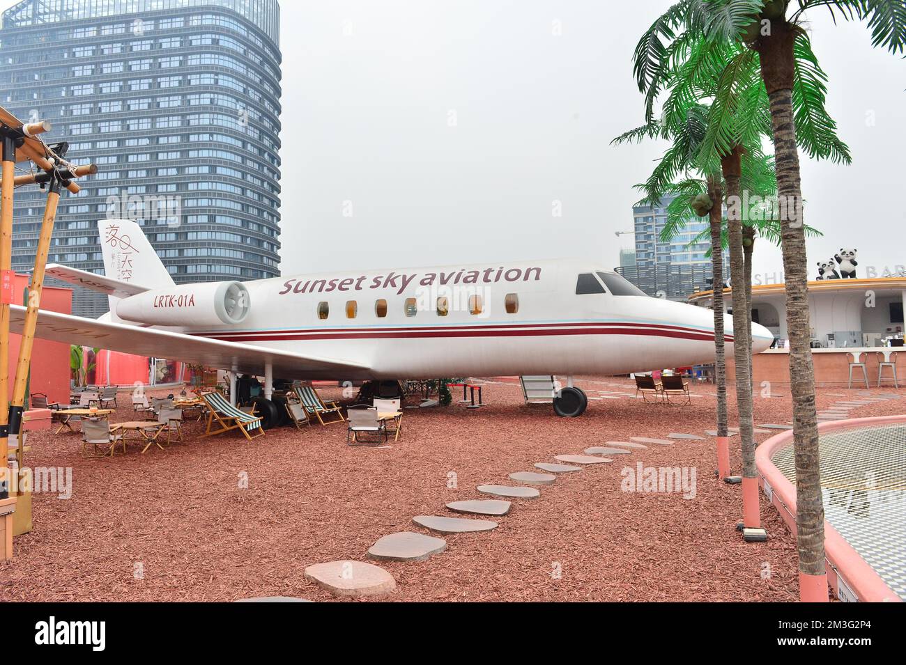 An airplane restaurant on the roof of a shopping mall in Xindu District ...