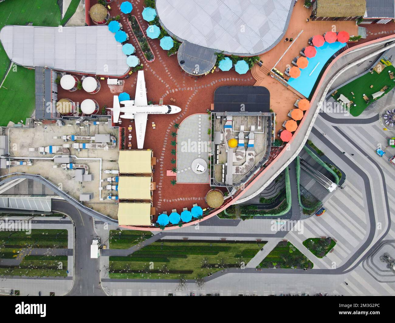 Aerial photo shows an airplane restaurant on the roof of a shopping ...